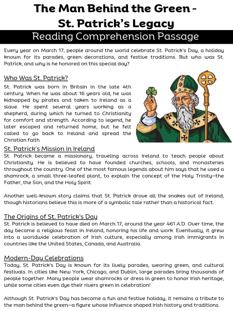 Reading Comprehension Passage: Who Was St. Patrick? | PDF | Saint Patrick | Ireland