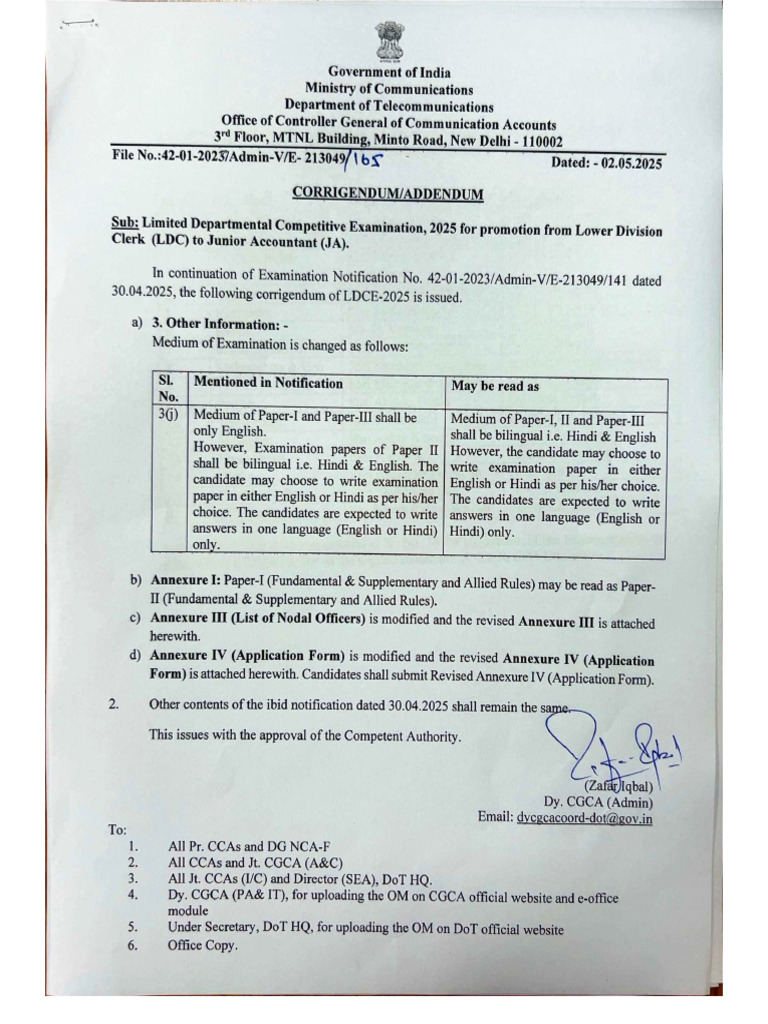 Corrigendum LDCE 2025 LDC To JA | PDF