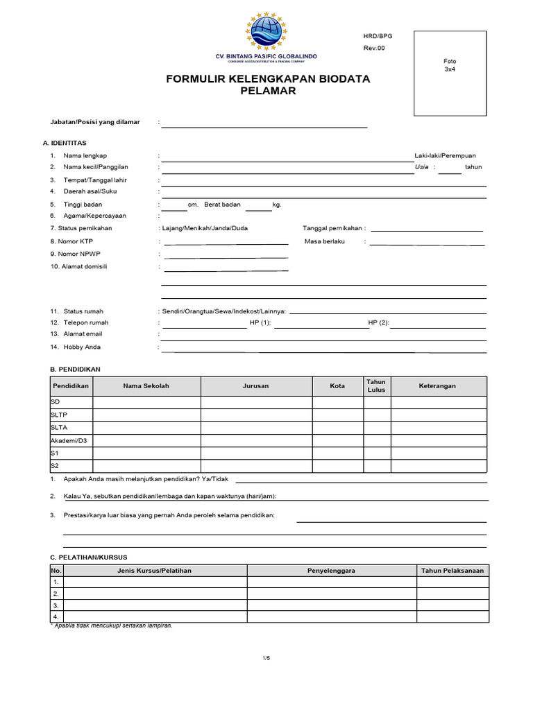 Formulir Biodata Calon Karyawan | PDF