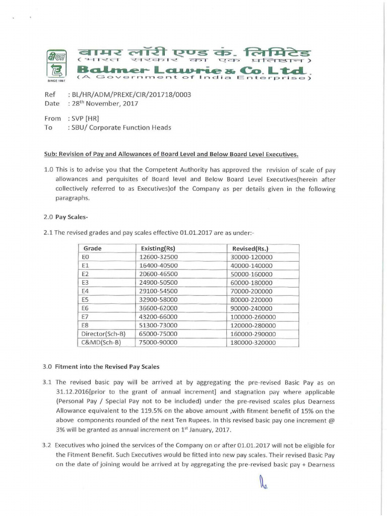 Revision of Pay and Allowances of Board and Below Board Level ...