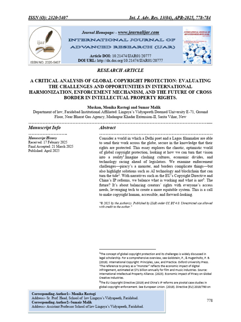 A CRITICAL ANALYSIS OF GLOBAL COPYRIGHT PROTECTION:EVALUATING THE ...