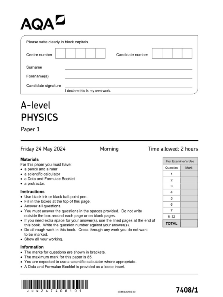 AQA A Level Physics Paper 1 2024 | PDF