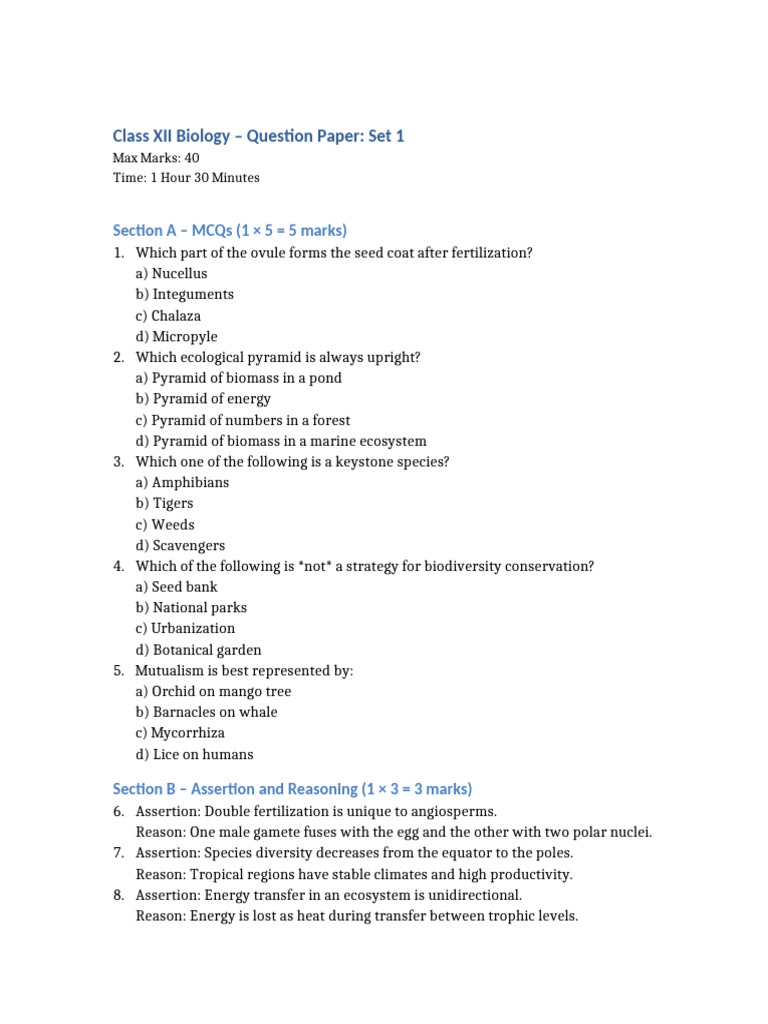 Class XII Bio Question Paper Set 1 | PDF