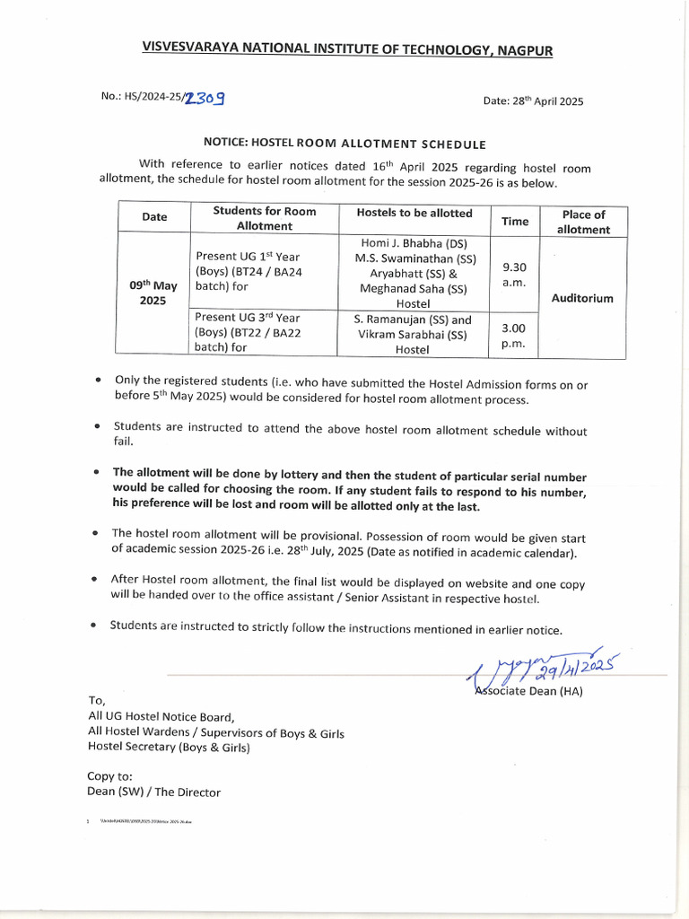 Hostel Room Allotment Schedule 2025-26 | PDF
