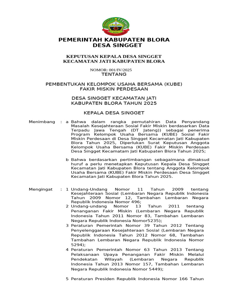 Contoh SK Pembentukan Kube Provinsi Tahun 2025 | PDF