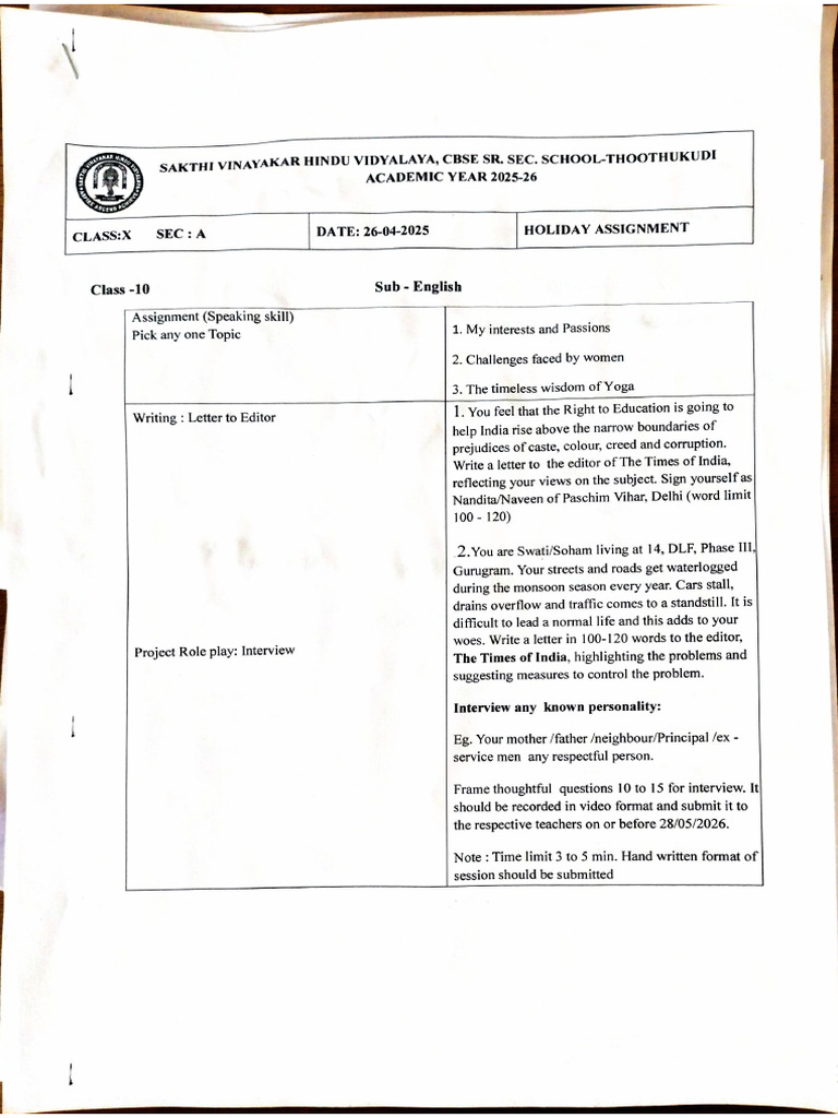 Class 10th Summer Project 2025 | PDF
