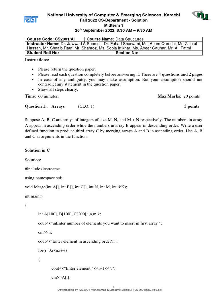DSA Mid01 Fall'22 Solution | PDF | Integer (Computer Science) | Pointer (Computer Programming)