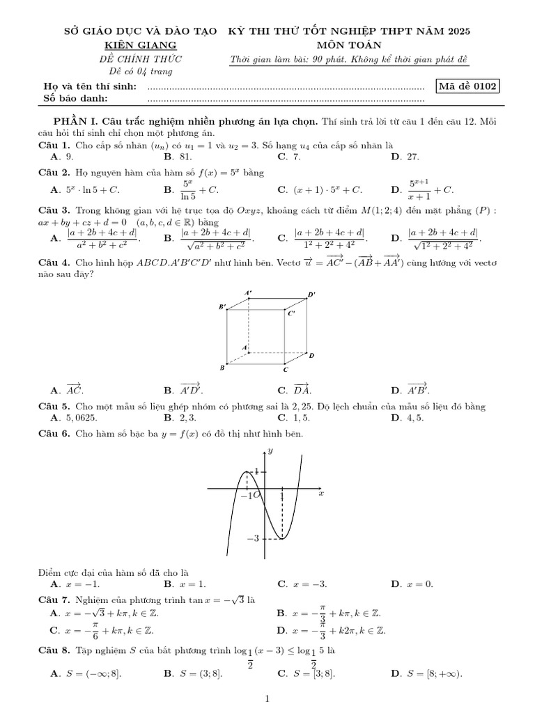 De Thi Thu Tot Nghiep THPT Nam 2025 Mon Toan So GDDT Kien Giang | PDF