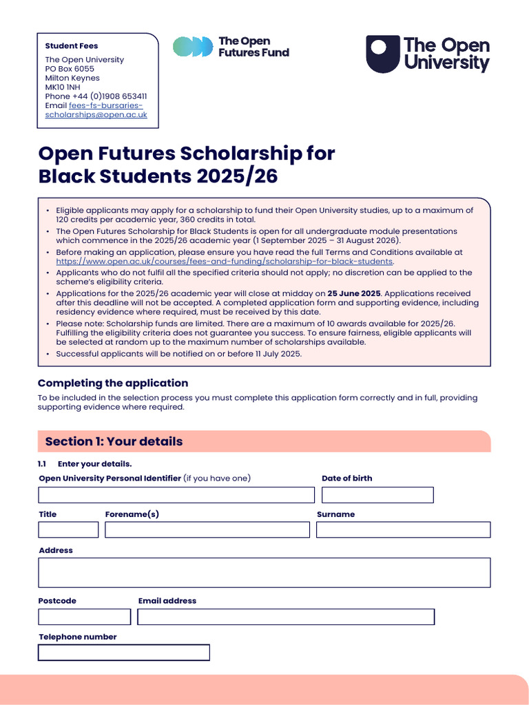 Scholarship Black Students 2025 26 App Form | PDF | Bachelor's Degree