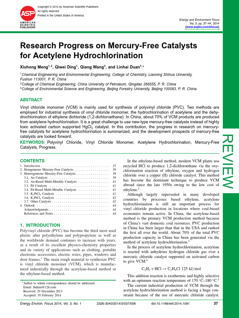 Research Progress On Mercury-Free Catalysts For Acetylene ...