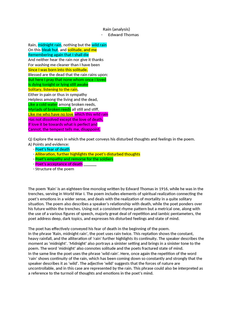 LIT ANALYSIS Rain ('O' Level) | PDF | Poetry | Solitude