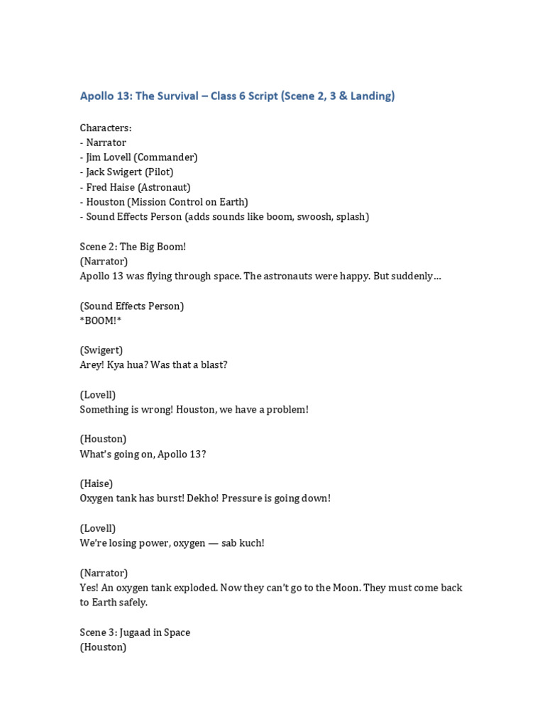Apollo 13 Survival Script Class6 | PDF