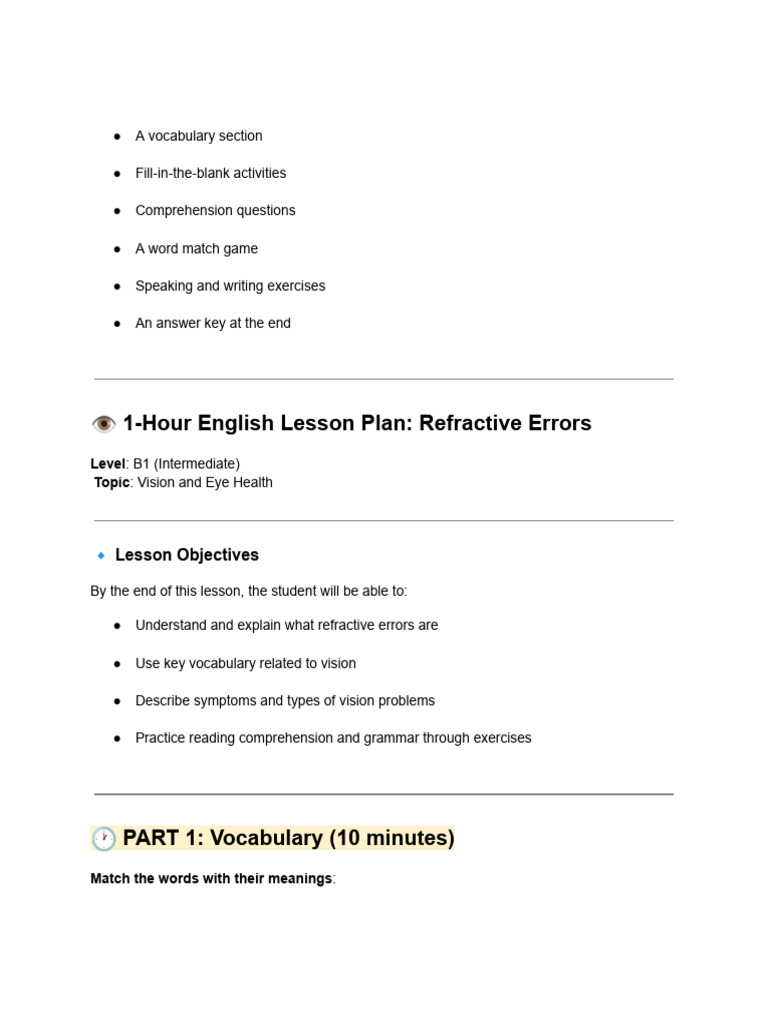 English Lesson Plan: Refractive Errors | PDF | Myopia | Light