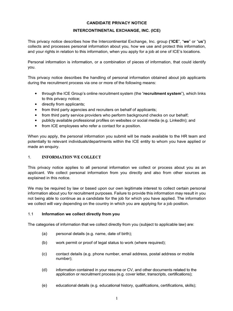 ICE Candidate Privacy Notice | PDF | Recruitment | Background Check