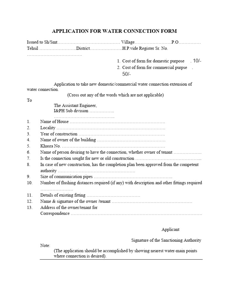 Himachal Pradesh Water Connection Form | PDF | Civil Law (Common Law ...