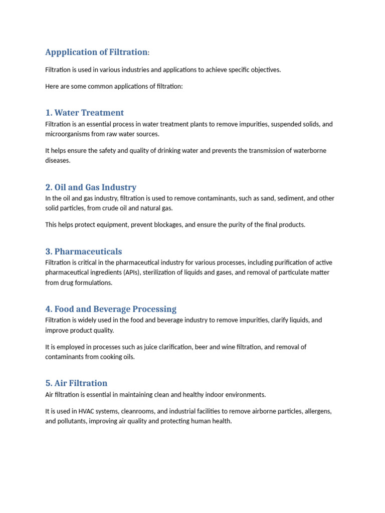 Appplication of Filtration | PDF