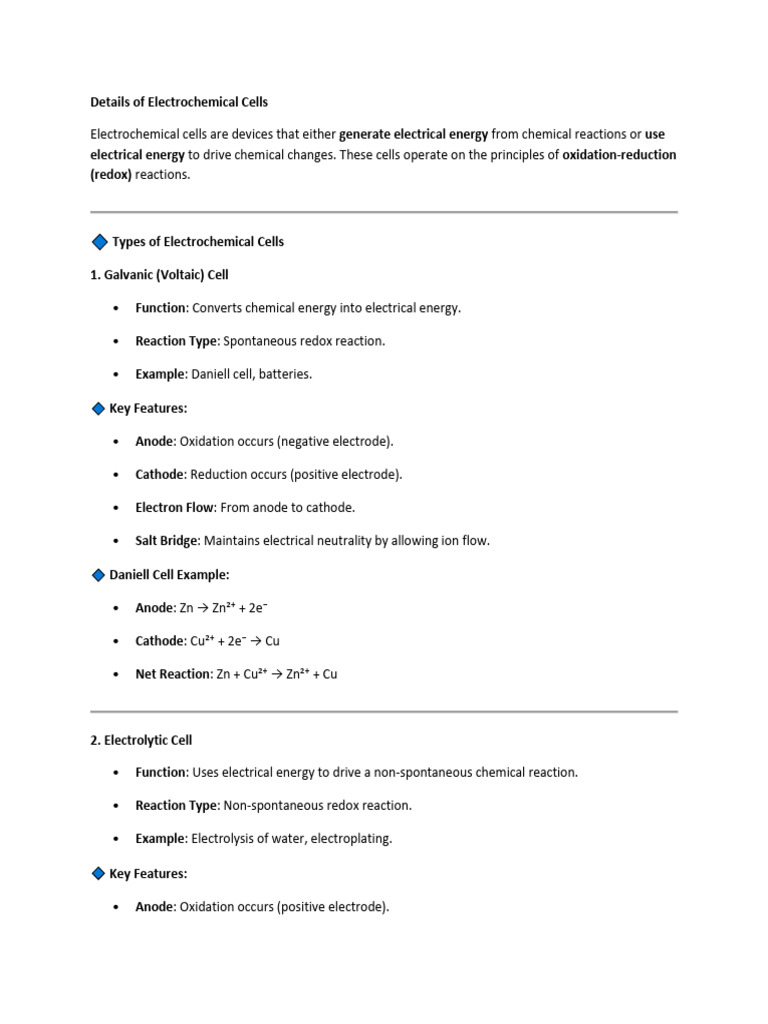 Types of Electrochemical Cells Explained | PDF