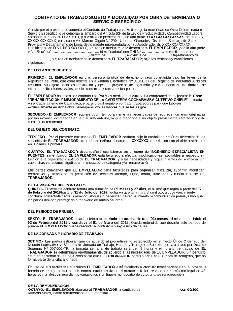 Modelo Contrato de Trabajo por Obra | PDF | Derecho laboral | Salario