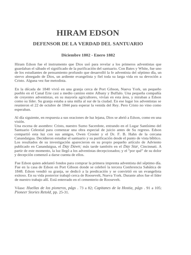 Hiram Edson: Pionero del Santuario Adventista | PDF