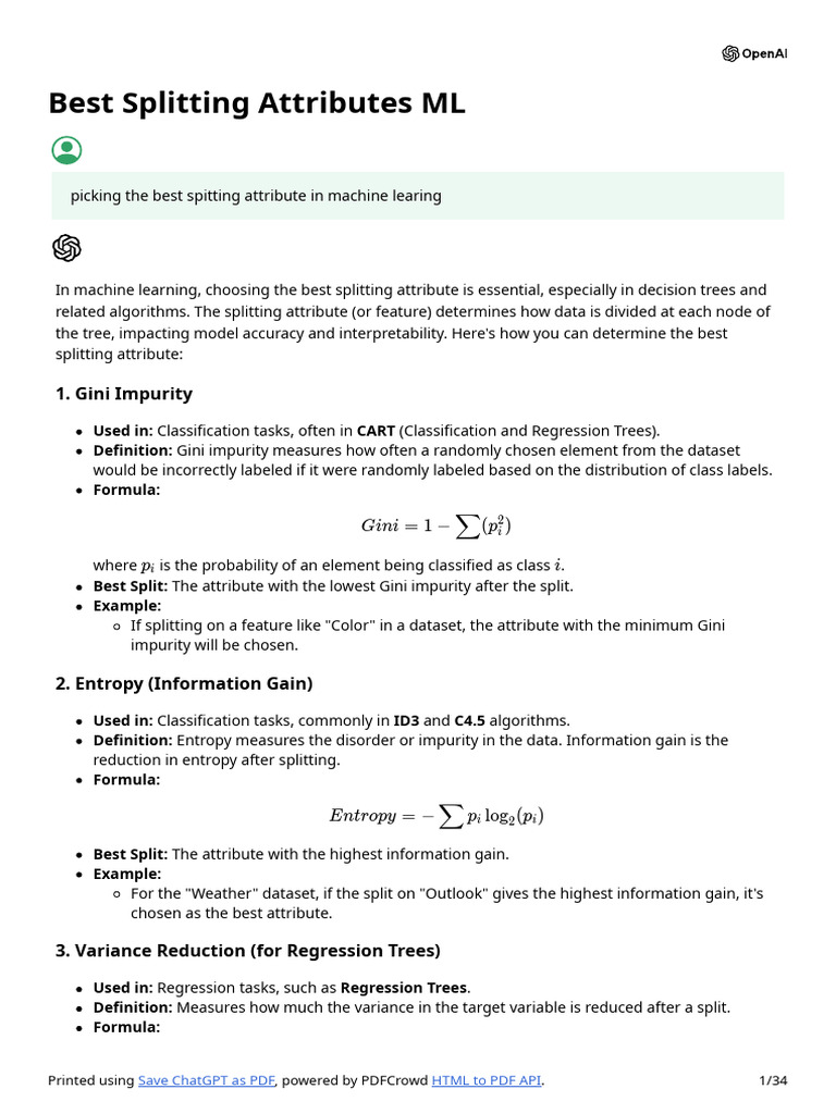 Best Splitting Attributes ML | PDF | Regression Analysis | Mean Squared ...
