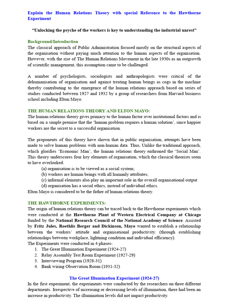 Human Relations Theory Updated Pdf Experiment Liberal Arts