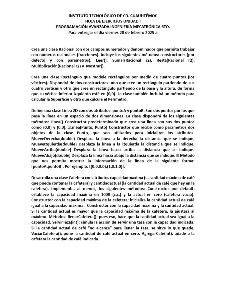 Hoja de Ejercicio Unidad I | PDF | Constructor (Programación Orientada ...