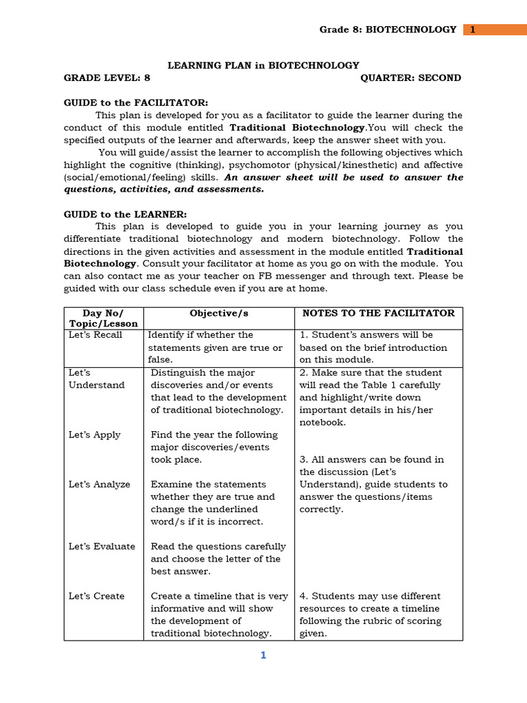 Grade 8 Traditional Biotechnology Plan | PDF | Biotechnology ...