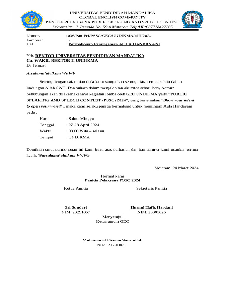 Surat Peminjaman Aula Handayani PSSC 2024 | PDF