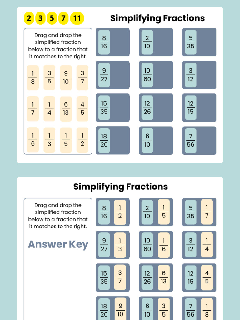 Simplifying Fractions Digital Worksheet in Blue and Yellow Lined Style ...