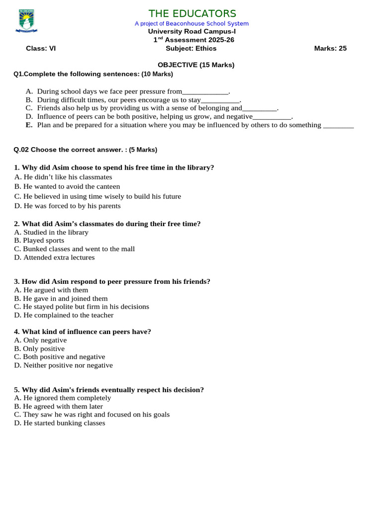 Ethics Class VI 1st Assisment | PDF