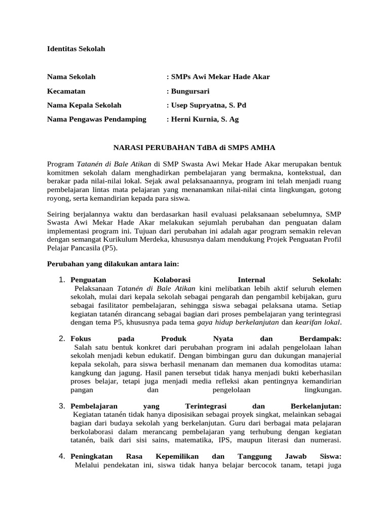NARASI PERUBAHAN TdBA Di SMPS AMHA | PDF