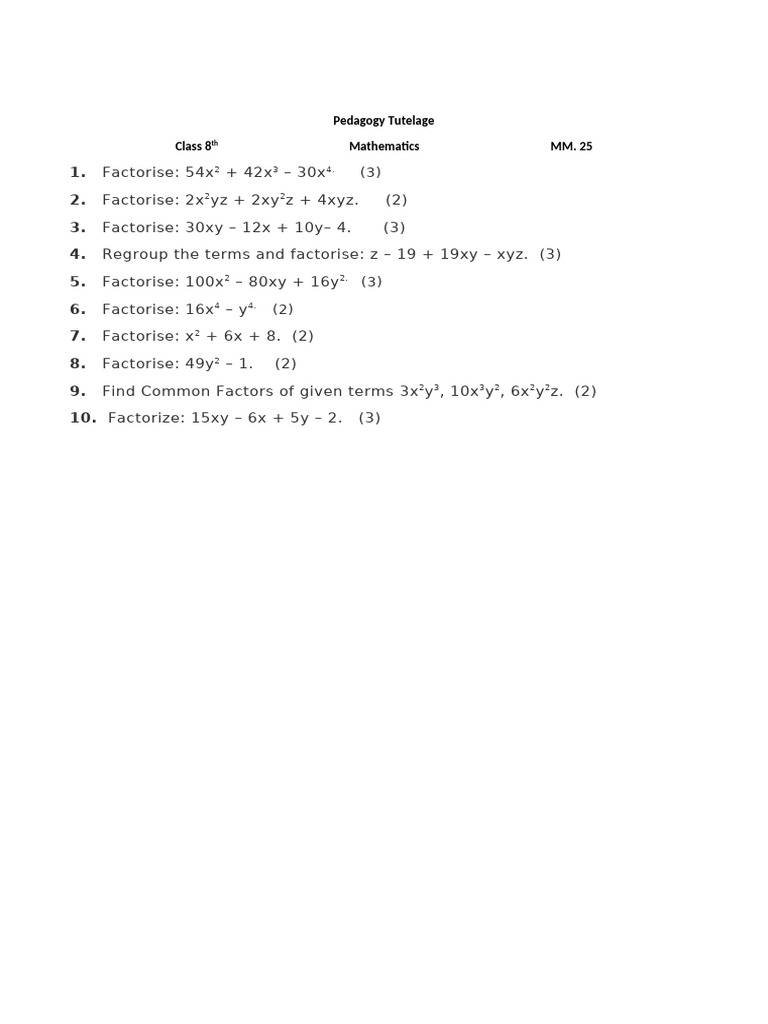Class 8 Factorization Test Paper | PDF