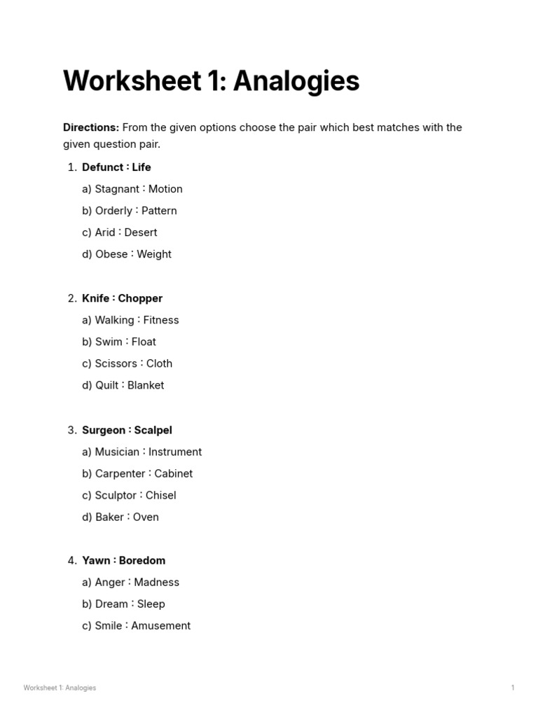 Worksheet 1 - Analogies | PDF | Tools | Analogy