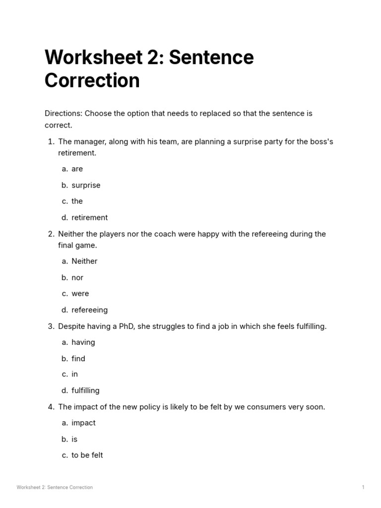 Worksheet 2_ Sentence Correction | PDF | Verb | Grammatical Number