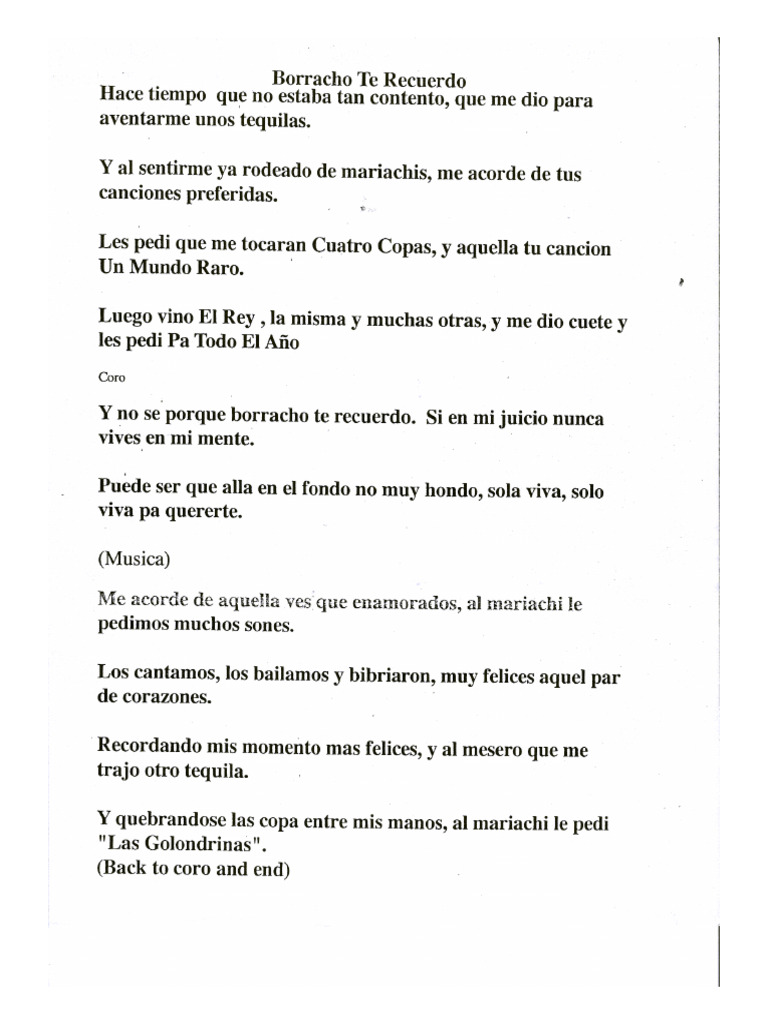 Borracho Te Recuerdo - Vicente Fernandez - Mariachi Los Mesteños | PDF