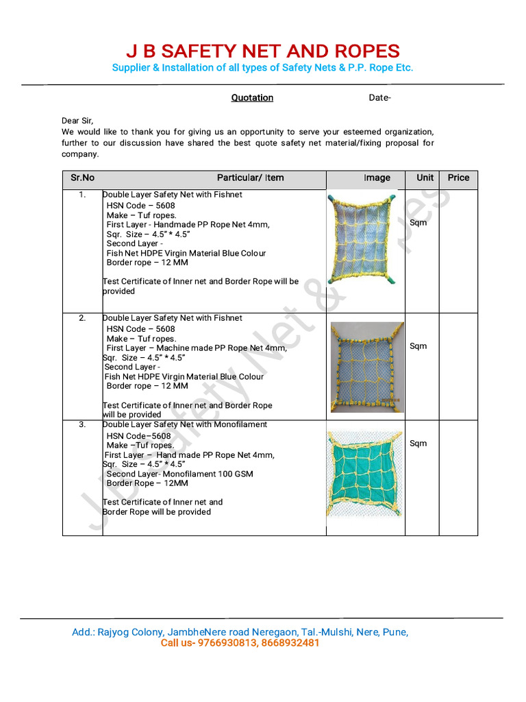 J B Safety Net & Ropes For Print | PDF | Rope