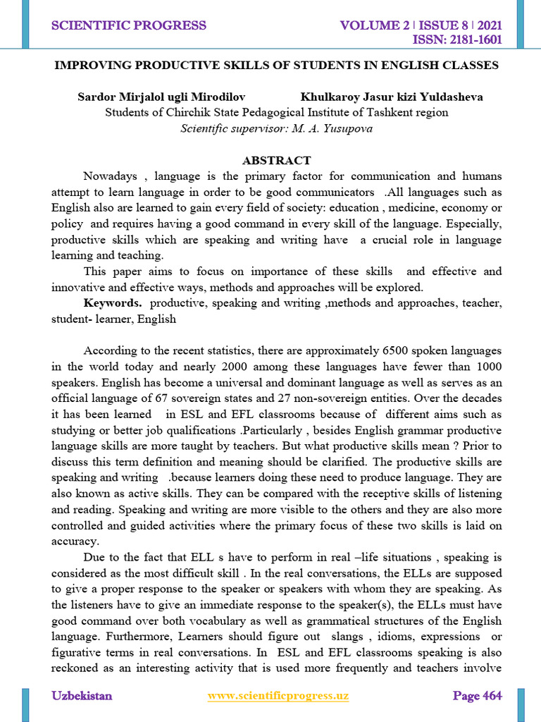 Improving Productive Skills of Students in English Classes | PDF ...