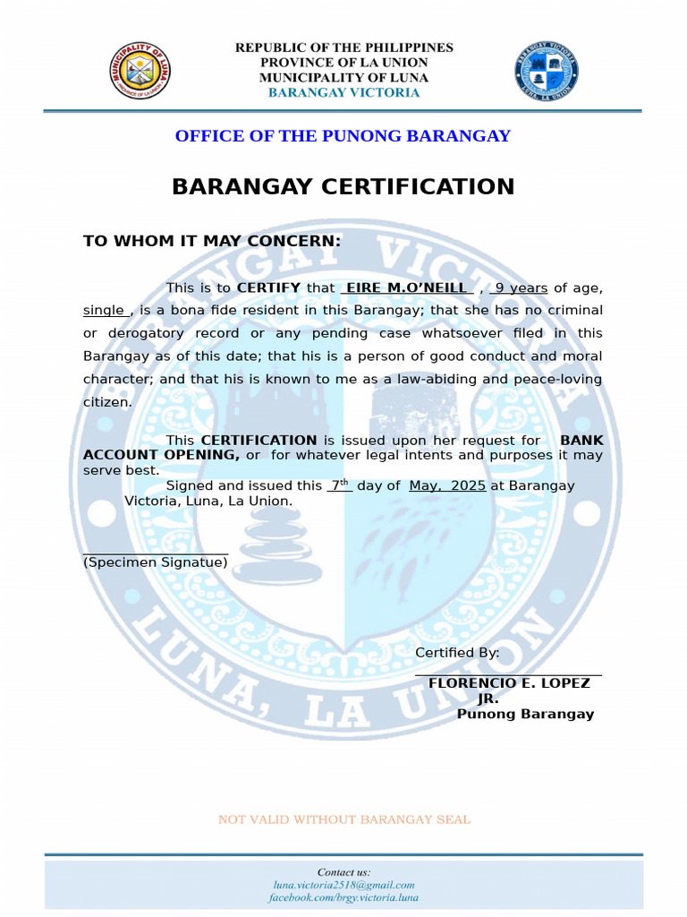 Brgy certification-EIRE O'NEILL | PDF