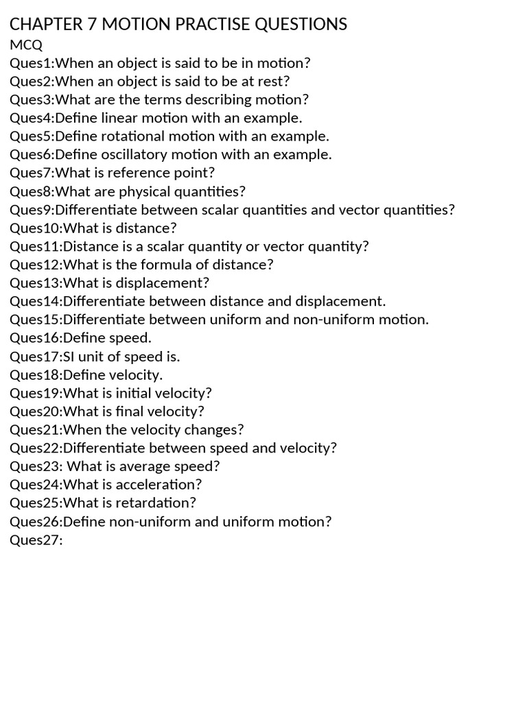 Chapter 7 Motion Practise Questions | PDF