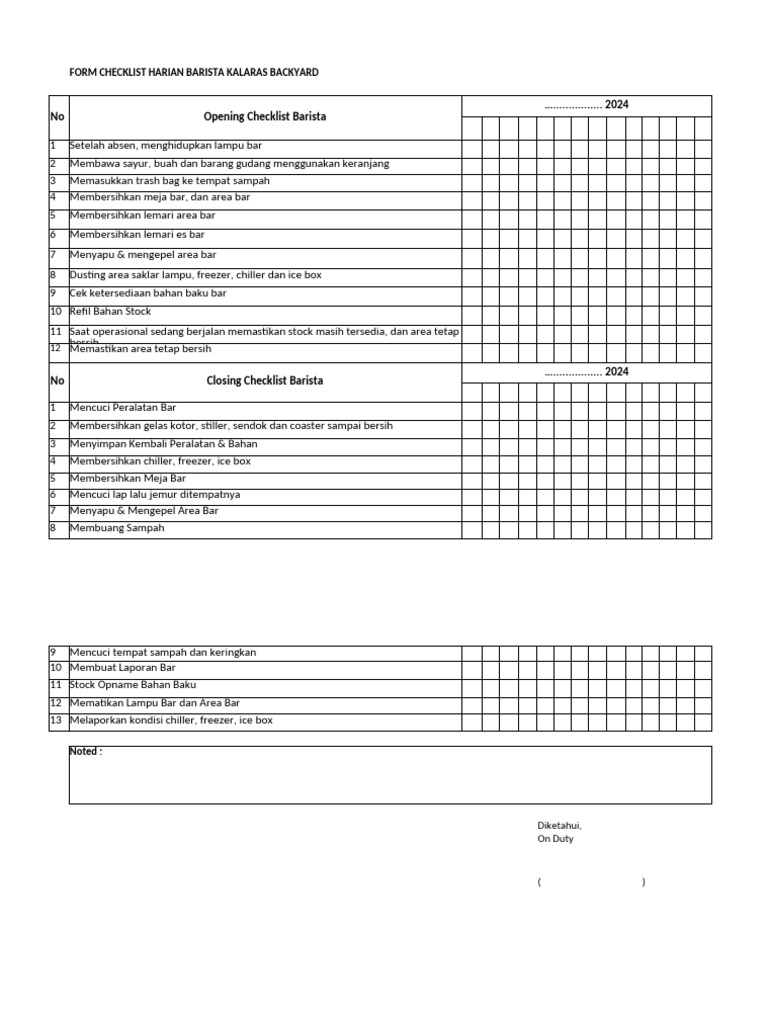 Checklist Harian Barista Kalaras | PDF