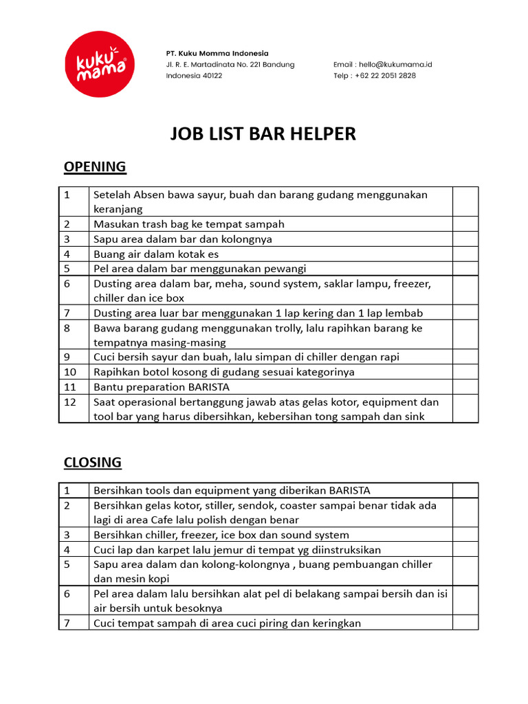 DAILY CHECKLIST BAR.docx | PDF