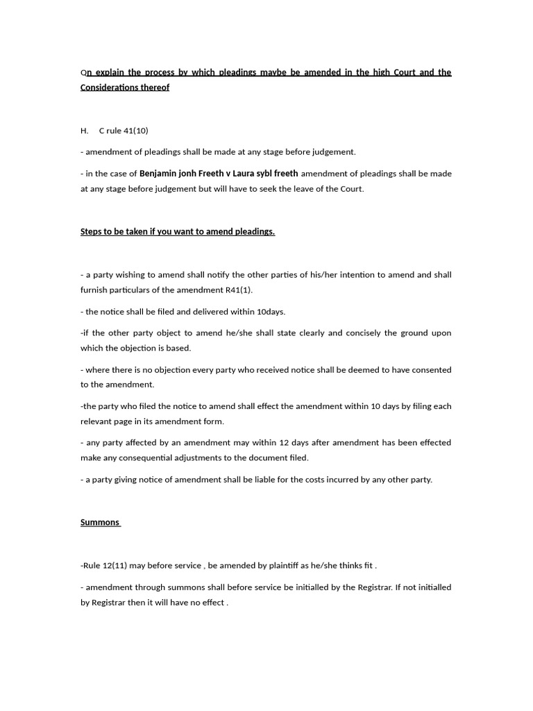 Amendment of Pleadings in Civil Law | PDF | Pleading | Summons