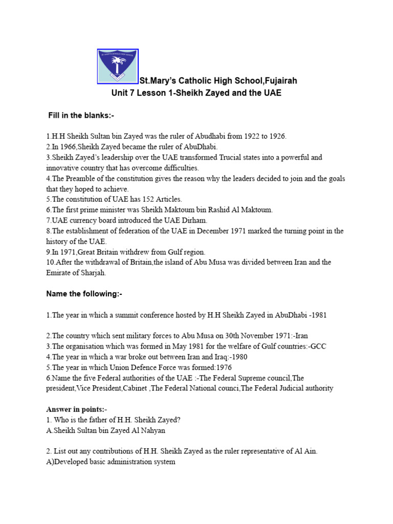 Sheikh Zayed Revision Worksheet Answers | PDF | United Arab Emirates ...