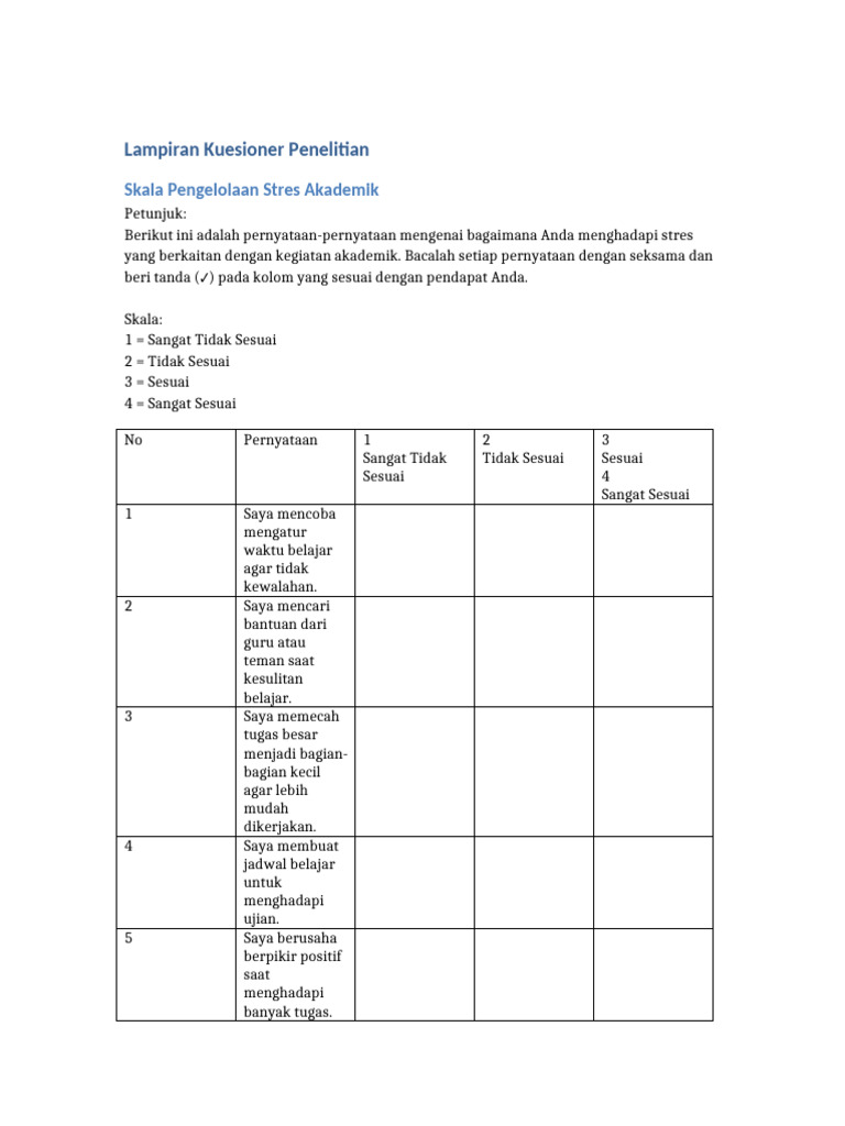 Kuesioner Stres Akademik Mahasiswa | PDF