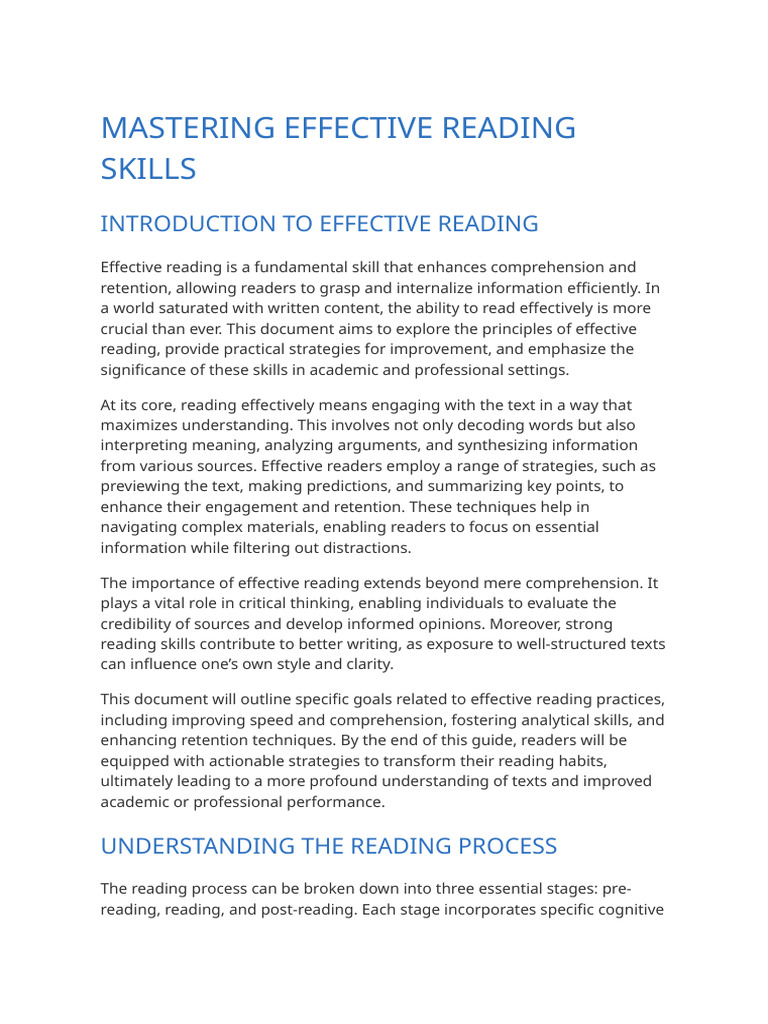 Mastering Effective Reading Skills | PDF | Reading Comprehension | Educational Assessment