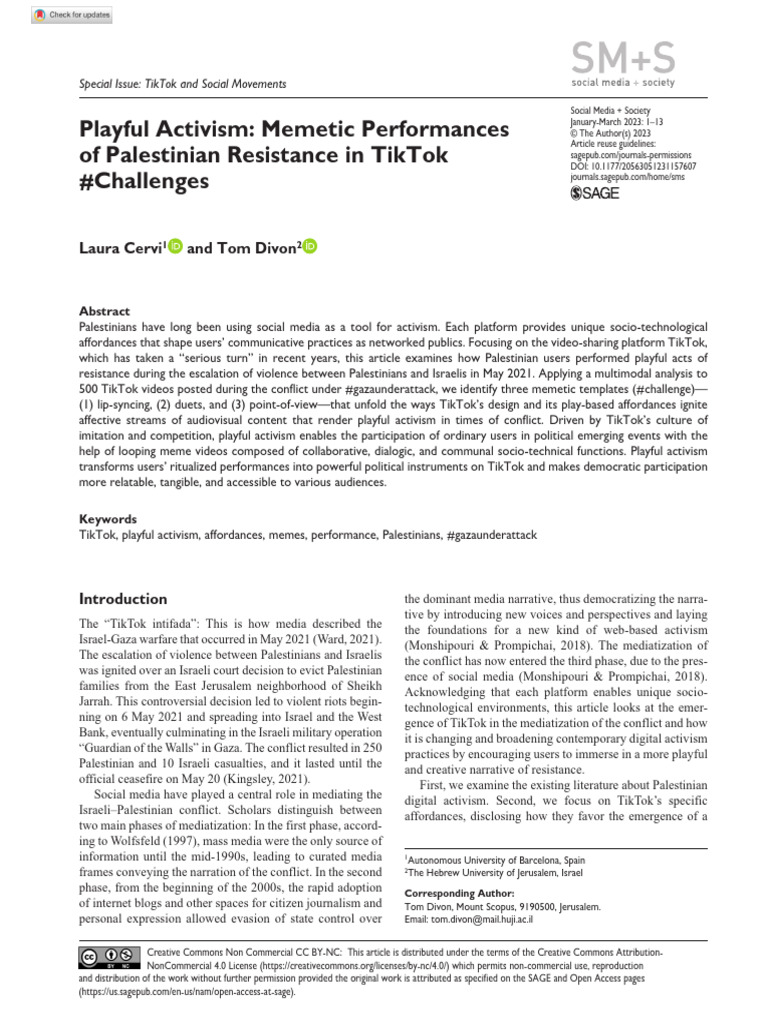 Cervi Divon 2023 Playful Activism Memetic Performances of Palestinian Resistance in Tiktok ...