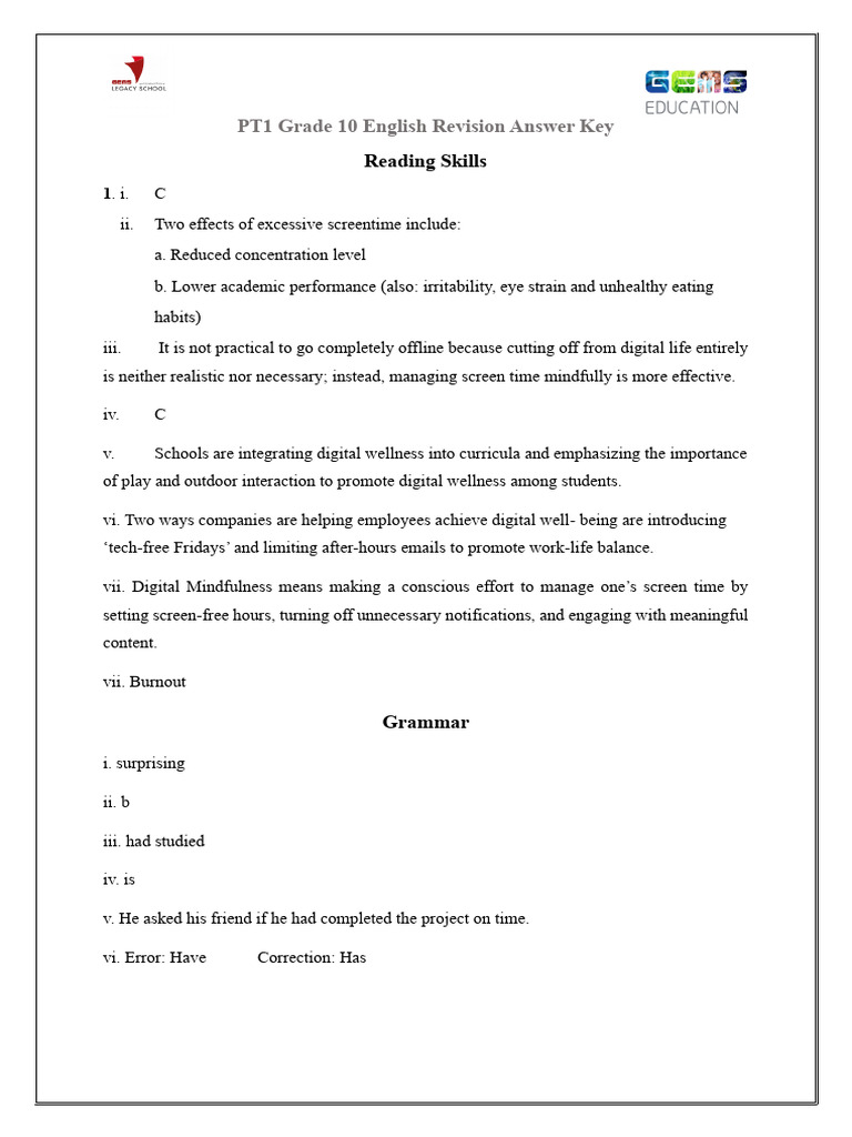 GR 10 PT1 Revision Paper Answer Key | PDF