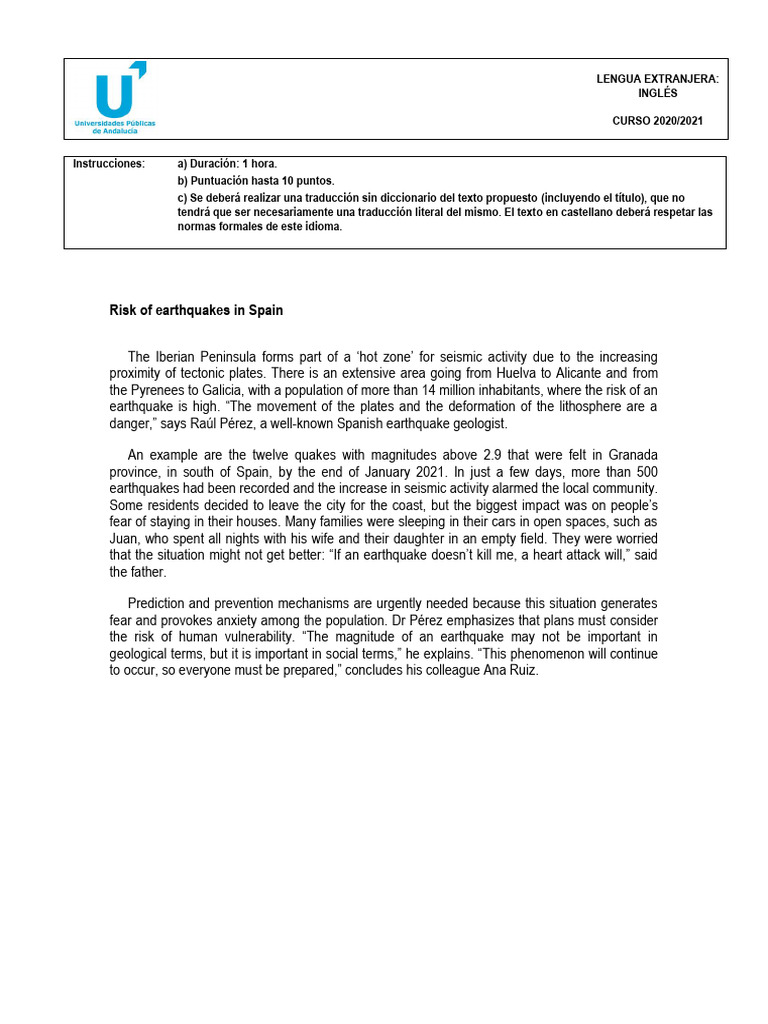Reserva - B - Lengua Extranjera Ingl S (Examen B) | PDF | Earthquakes | Seismology