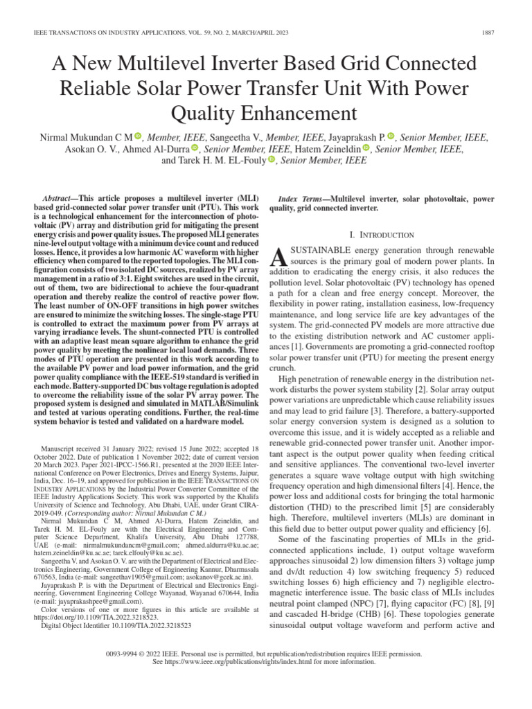 A New Multilevel Inverter Based Grid Connected Reliable Solar Power Transfer Unit With Power ...