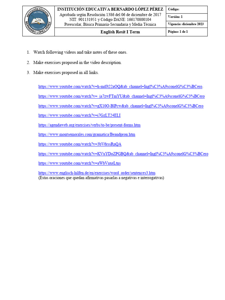 Resit de Inglés: Ejercicios y Videos | PDF